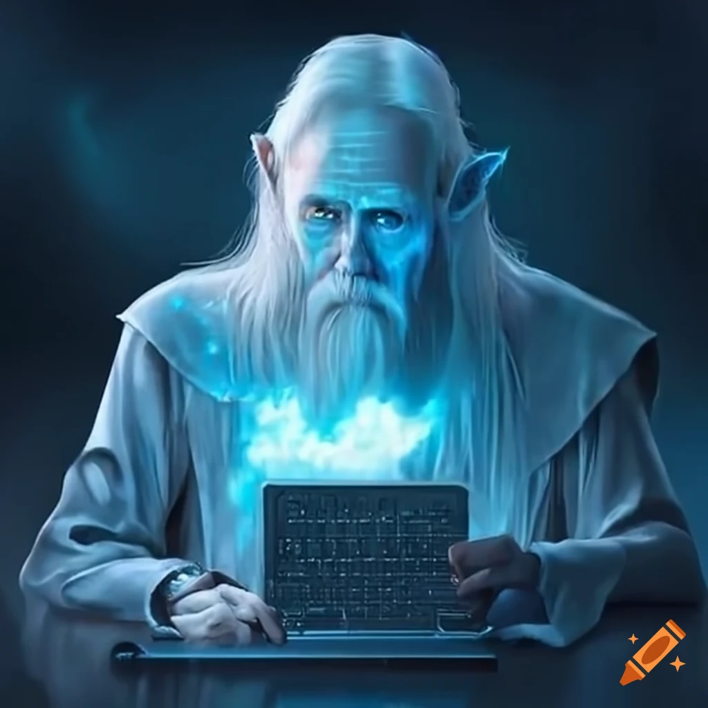 Wizard using a laptop computer on Craiyon