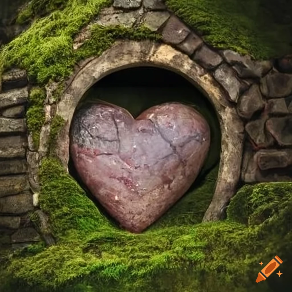 Photo of a moss-covered cellar with a realistic stone heart on Craiyon