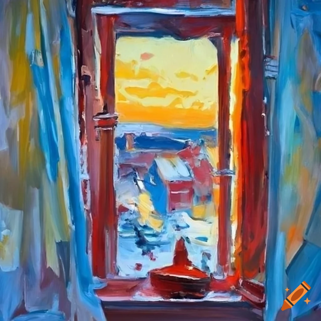 Expressionist oil painting with flapping curtains through open window ...