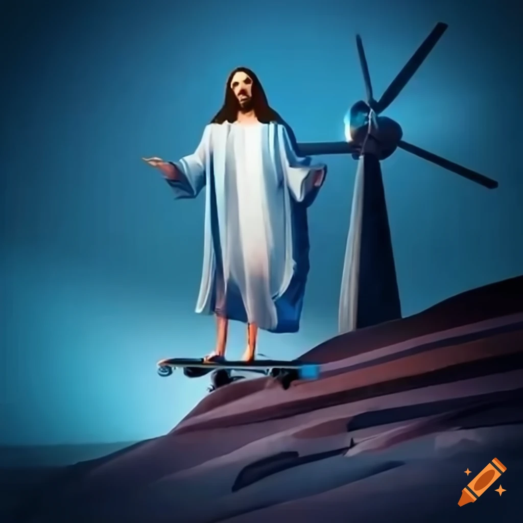 Image of Jesus Christ on a skateboard in front of a futuristic windmill ...
