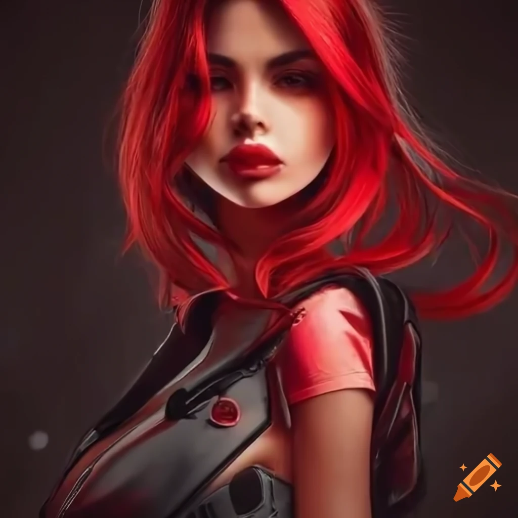 Red-haired girl on a red motorcycle with a backpack on Craiyon