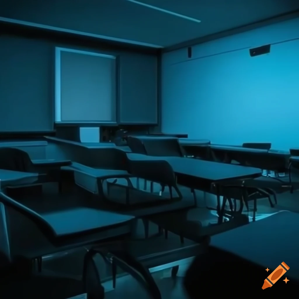 Well-lit modern classroom with large windows and video projector on Craiyon