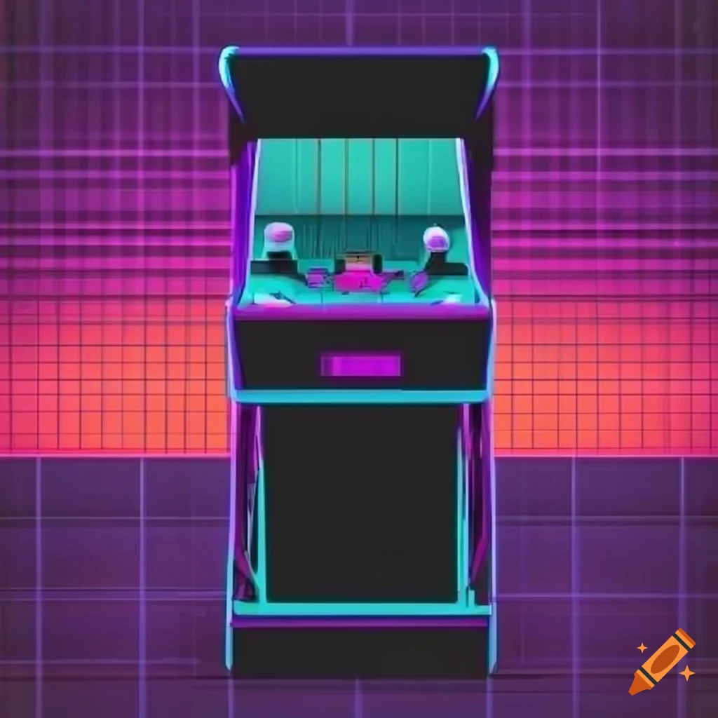 Synthwave-style neon grid with an orange and purple arcade machine