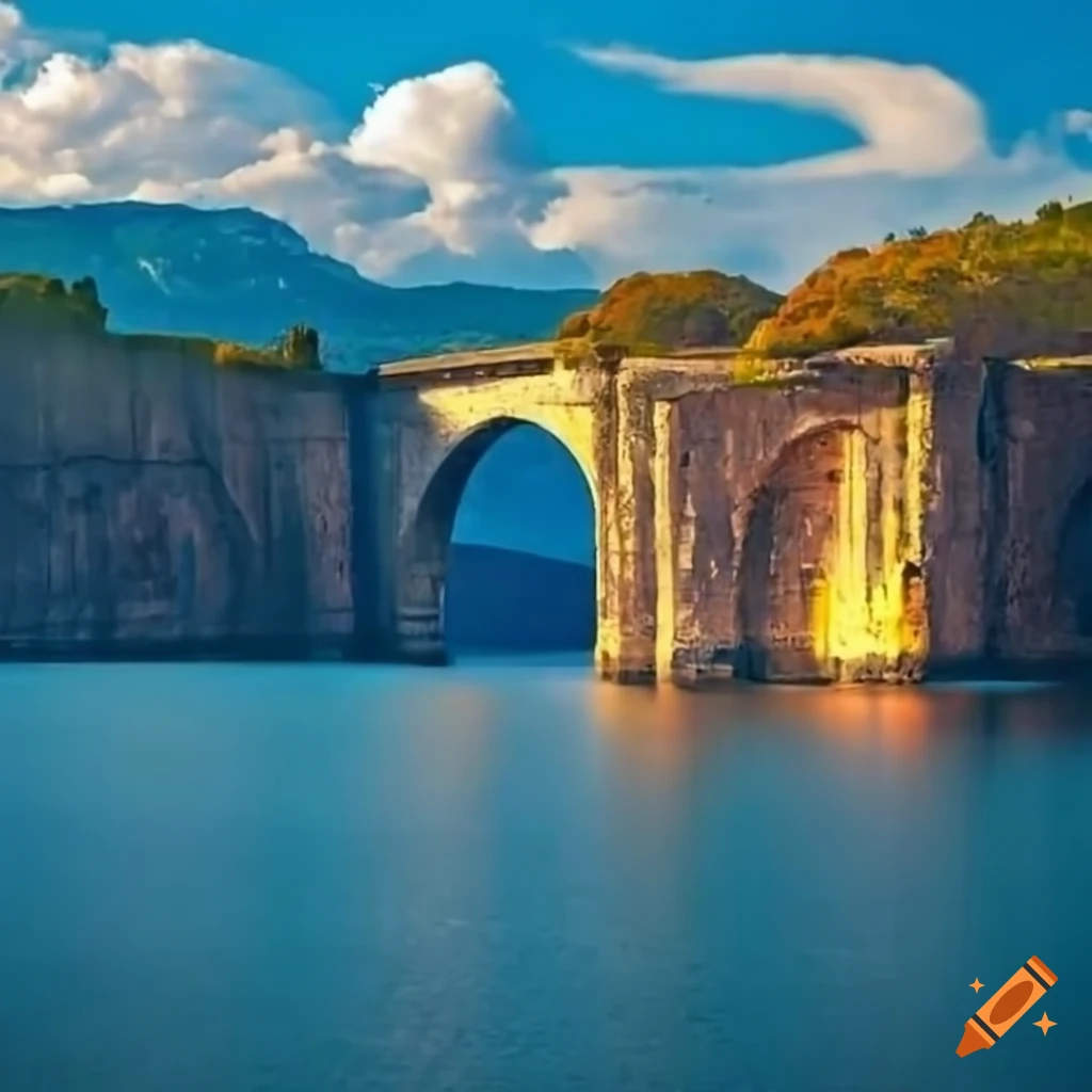Stone bridge connecting two cliffs over a strait on Craiyon