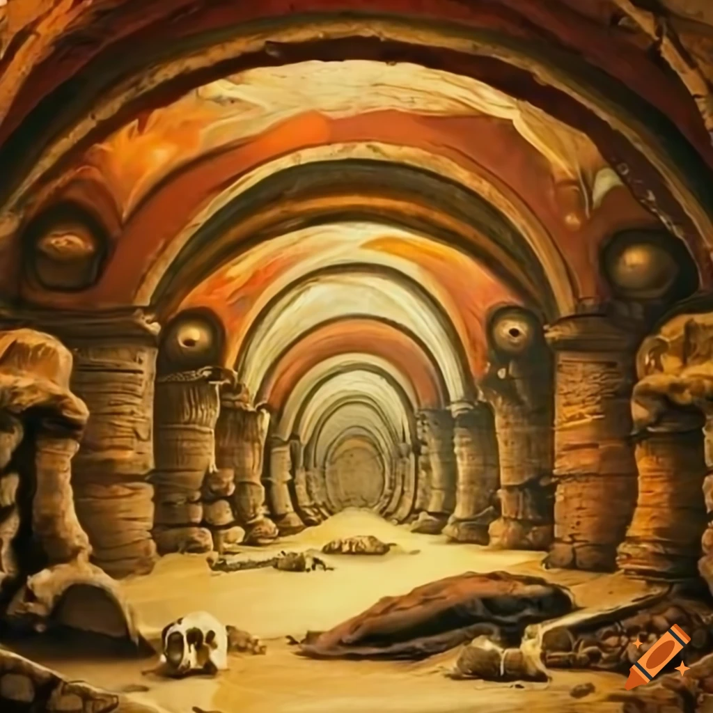 Intricate oil painting of a bone-filled underground vault on Craiyon