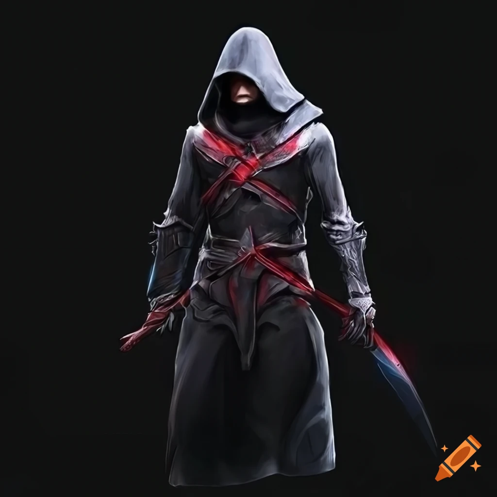 Dark hooded assassin with glowing red blades on Craiyon