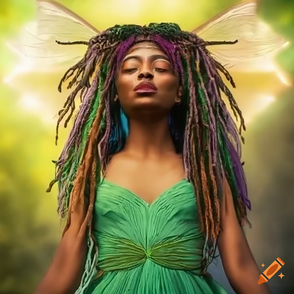 Illustration of an African American fairy with glowing wings on Craiyon