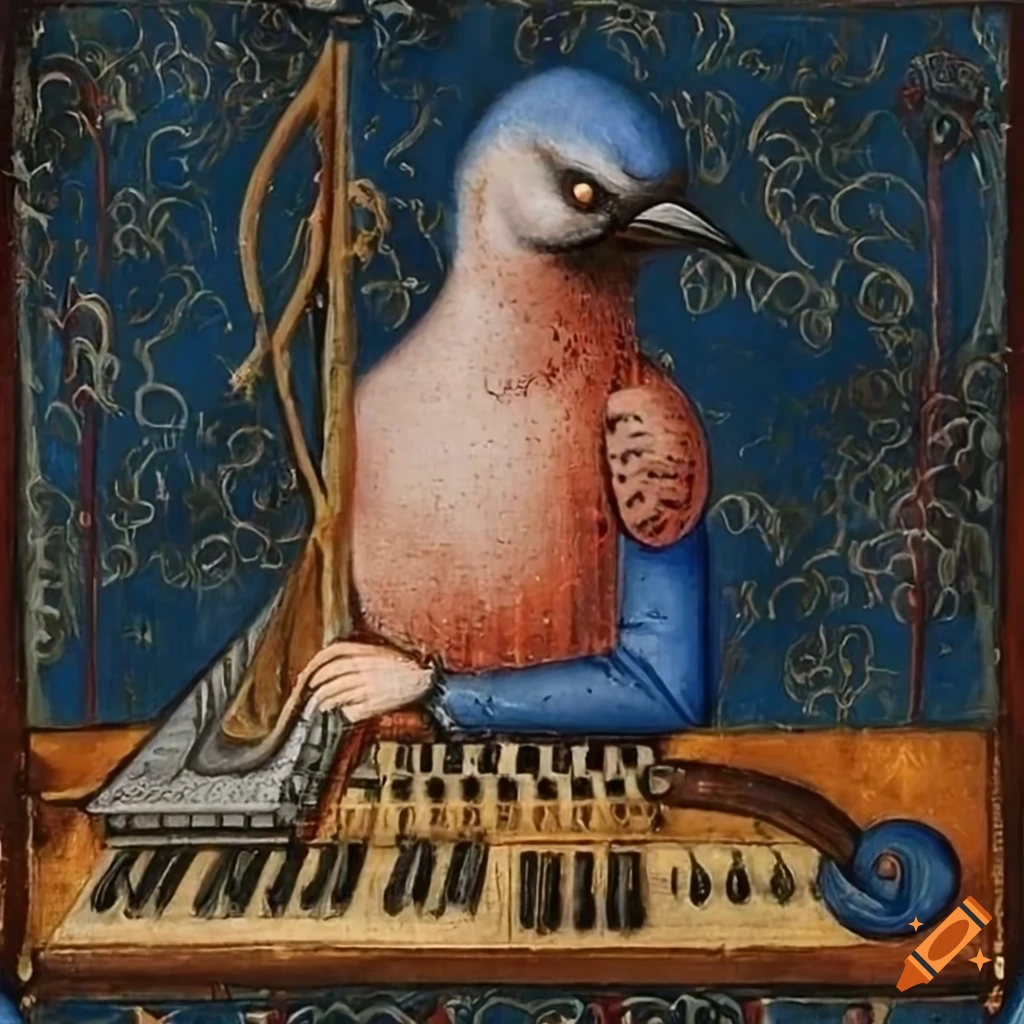 Medieval painting of a jay bird playing synthesizer on Craiyon