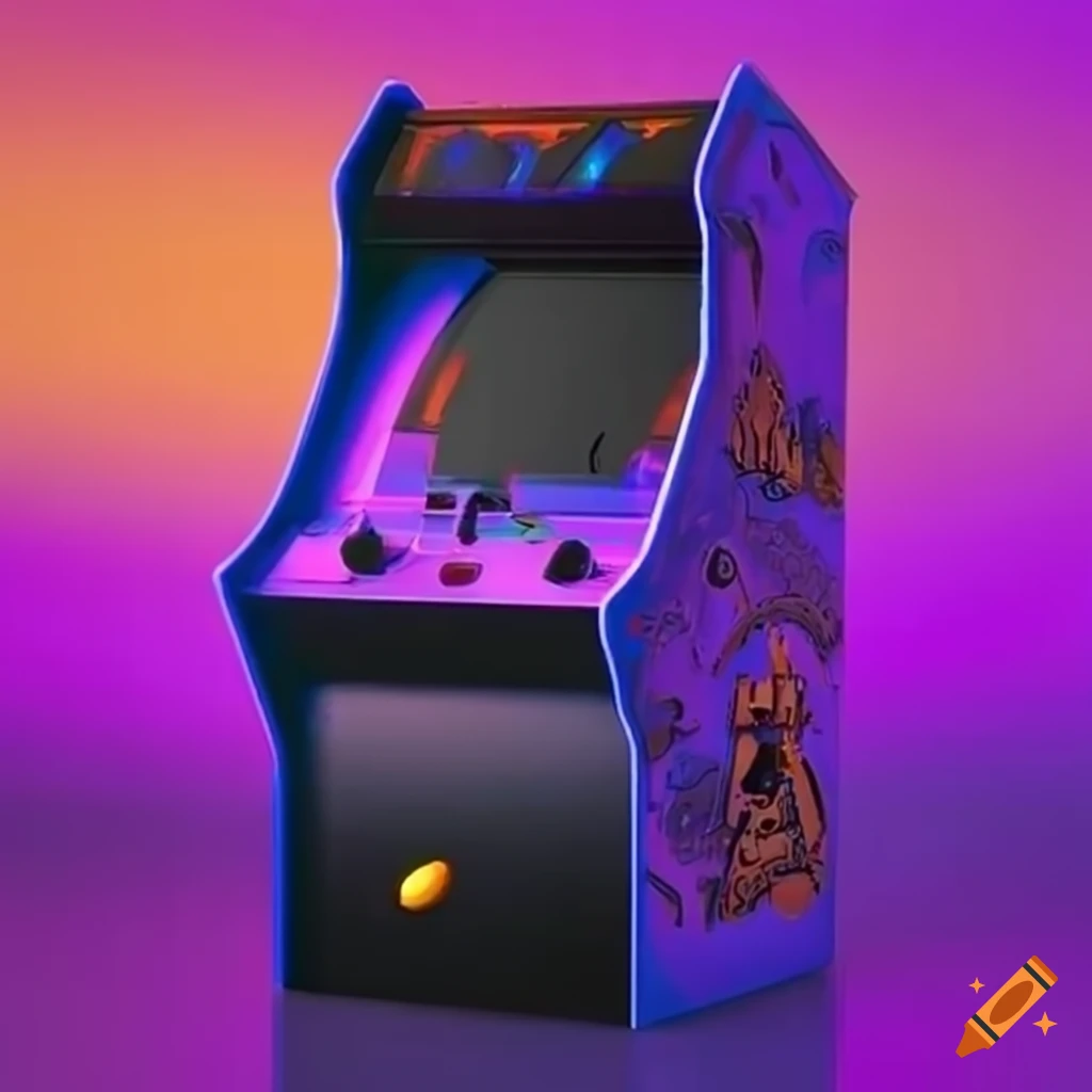 Retrowave arcade machine with purple and orange glow on Craiyon