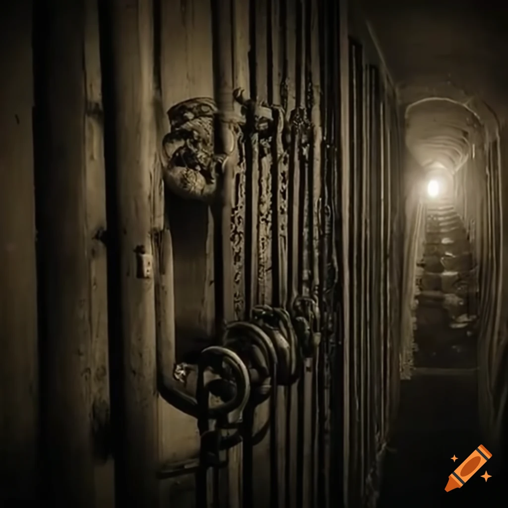 Image of a dark underground tunnel with prisoners in chains