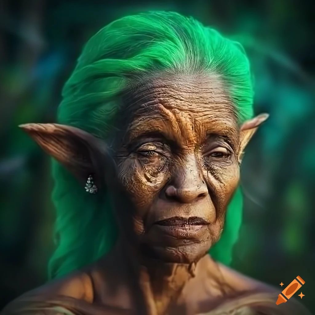 Photo of an elderly woman with elf ears in a swamp landscape