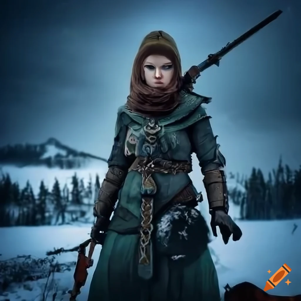 Artwork of a fierce female viking warrior with sniper rifle on Craiyon