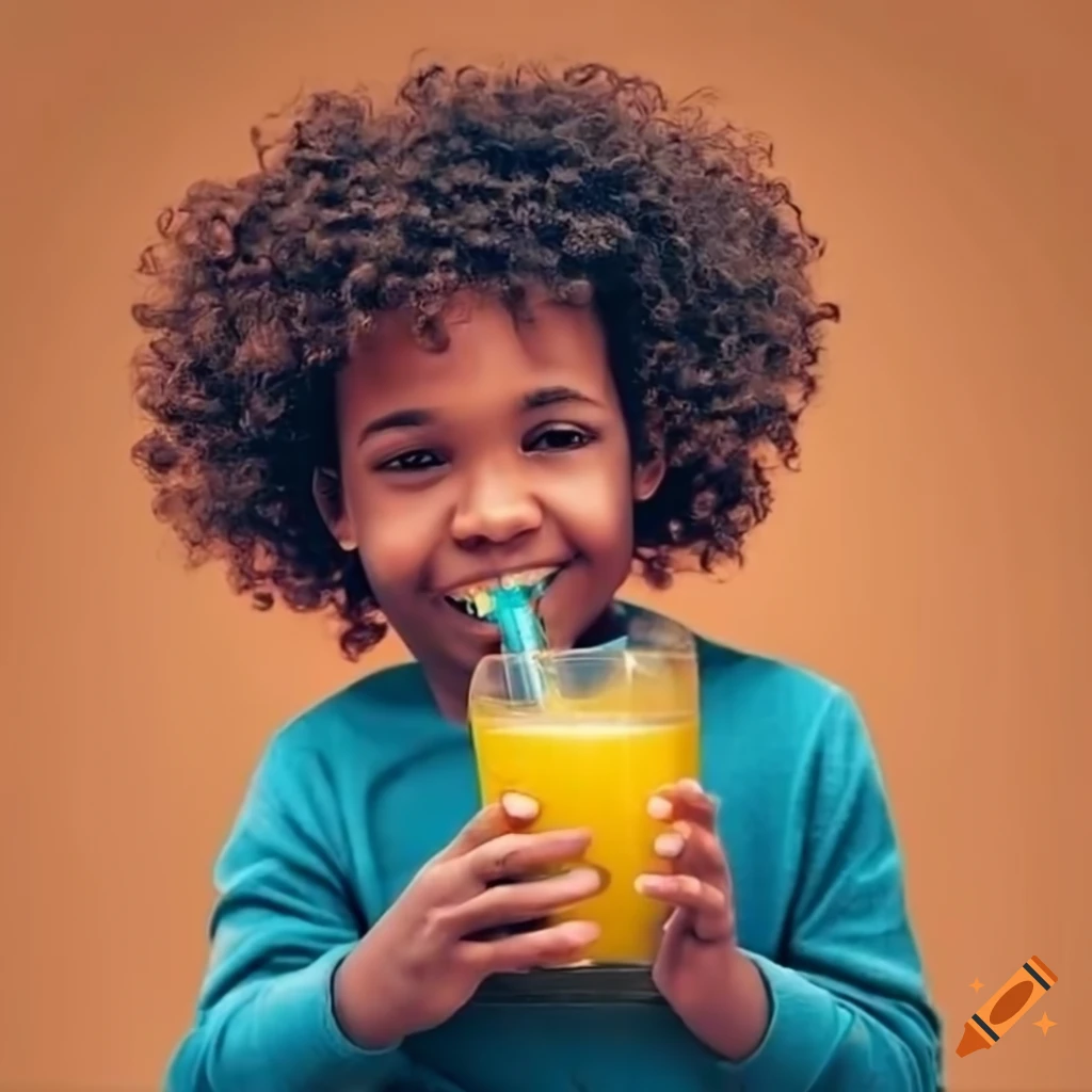 Smiling boy drinking a yellow beverage