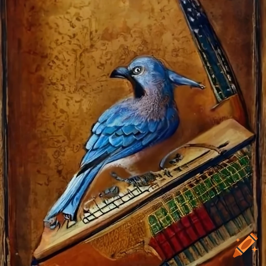 Painting of a jay bird playing modular synth