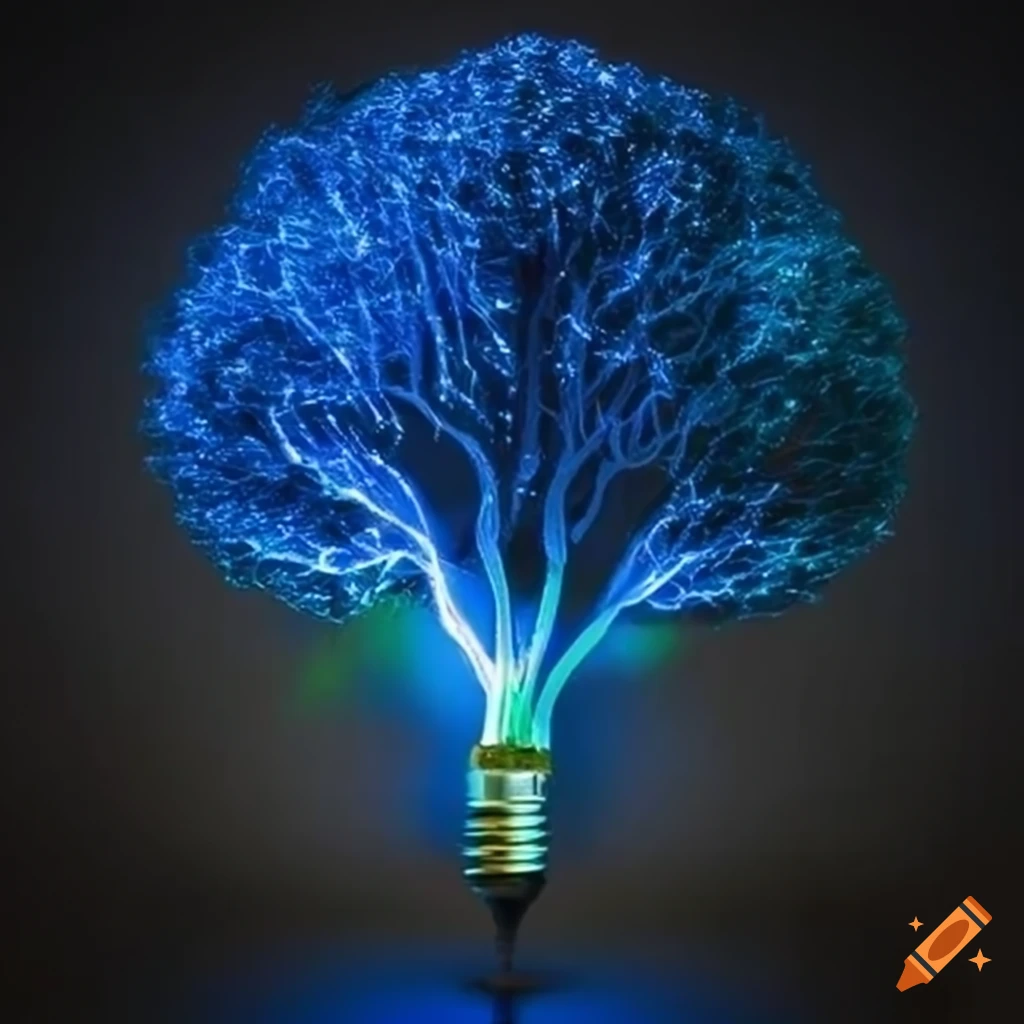 Concept art of a tree turning into a glowing light bulb on Craiyon