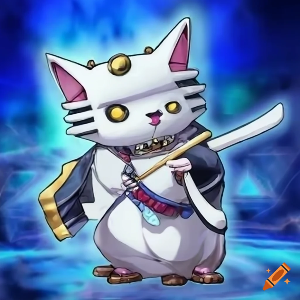 Yu-Gi-Oh card featuring a white samurai cat on Craiyon
