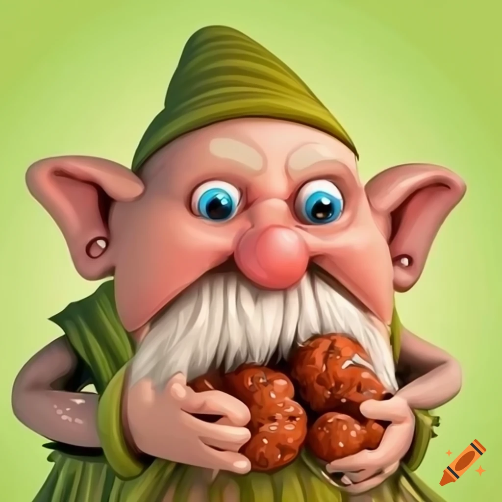 Cartoon dwarf eating meatballs in a forest on Craiyon