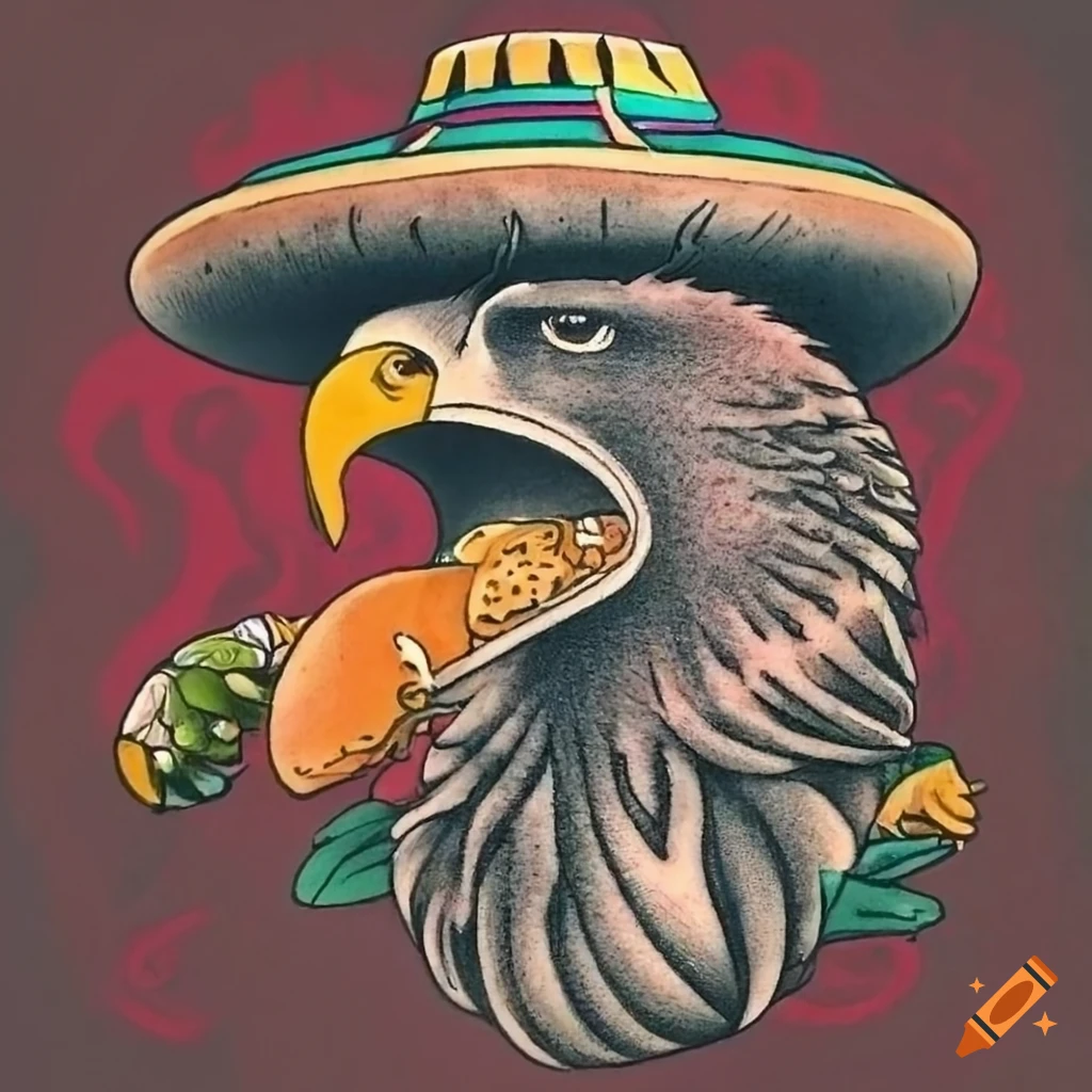 Eagle tattoo with a sombrero and fish taco on Craiyon