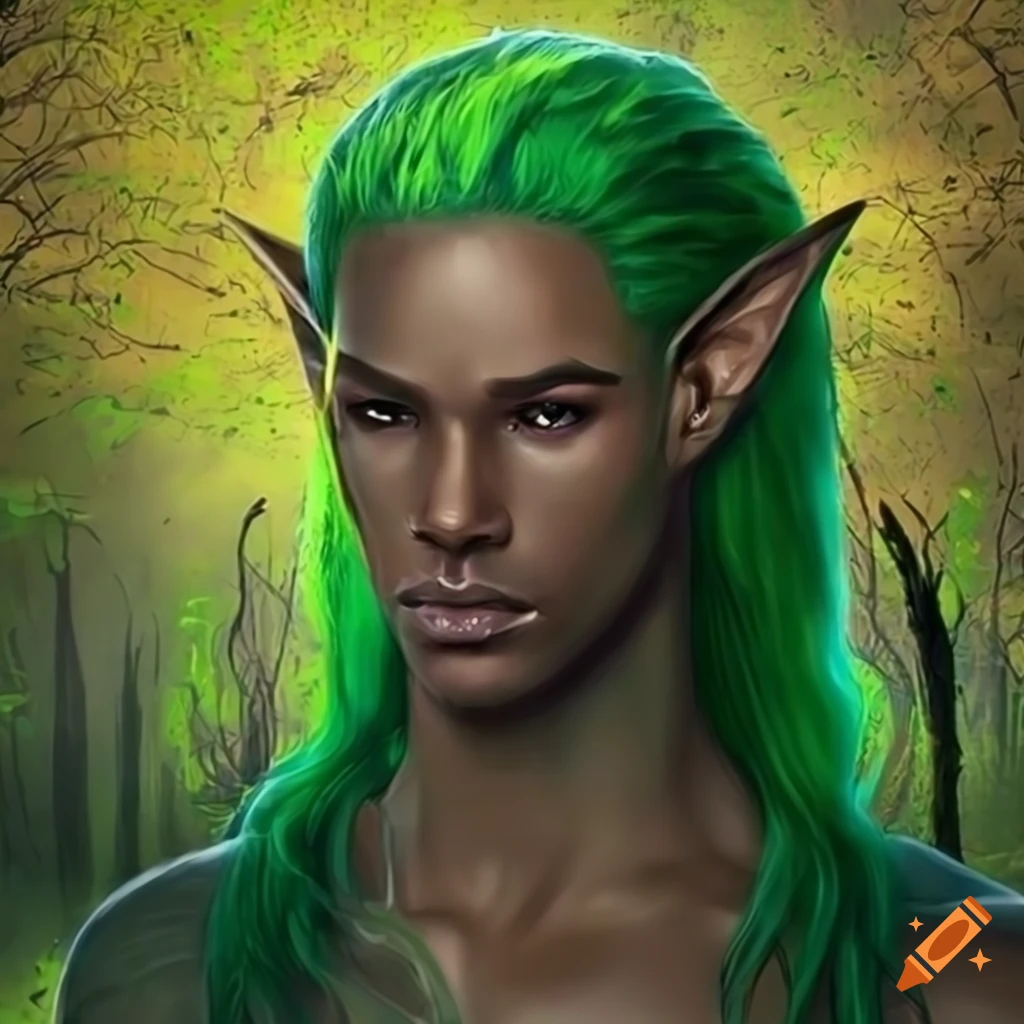 Portrait of a young black man with elf ears in front of a swamp landscape