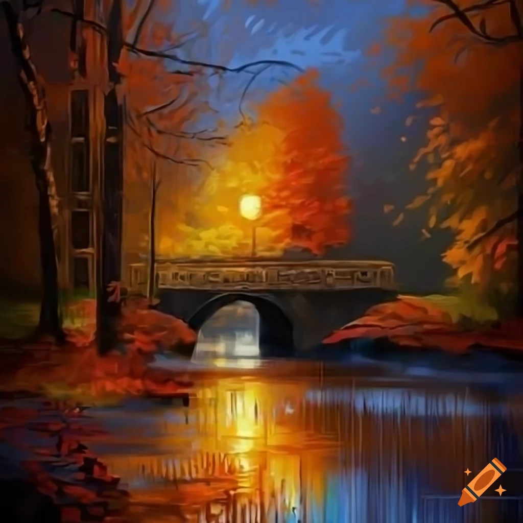 Digital painting of a bridge-house in a rainy autumn night