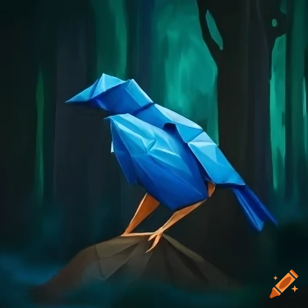 Multicoloured oil painting of an origami bird in a magical forest on ...