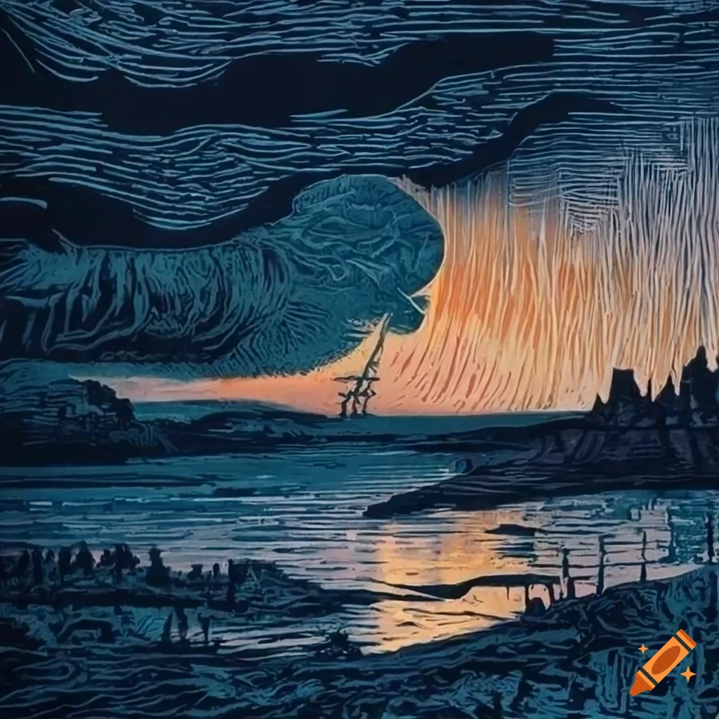 Linocut art of stormy sunset with lone boat on shore on Craiyon