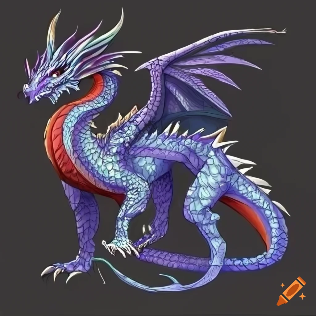 Detailed dragon concept art with wings and four legs on Craiyon