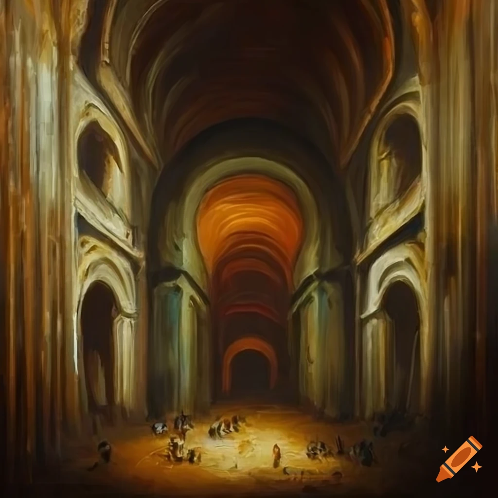Oil painting of a massive subterranean vault with a dead god