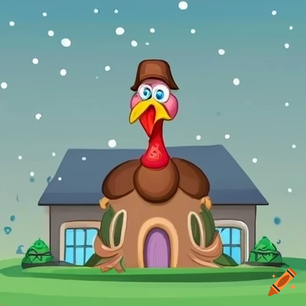 Cartoon turkey praying in front of a house