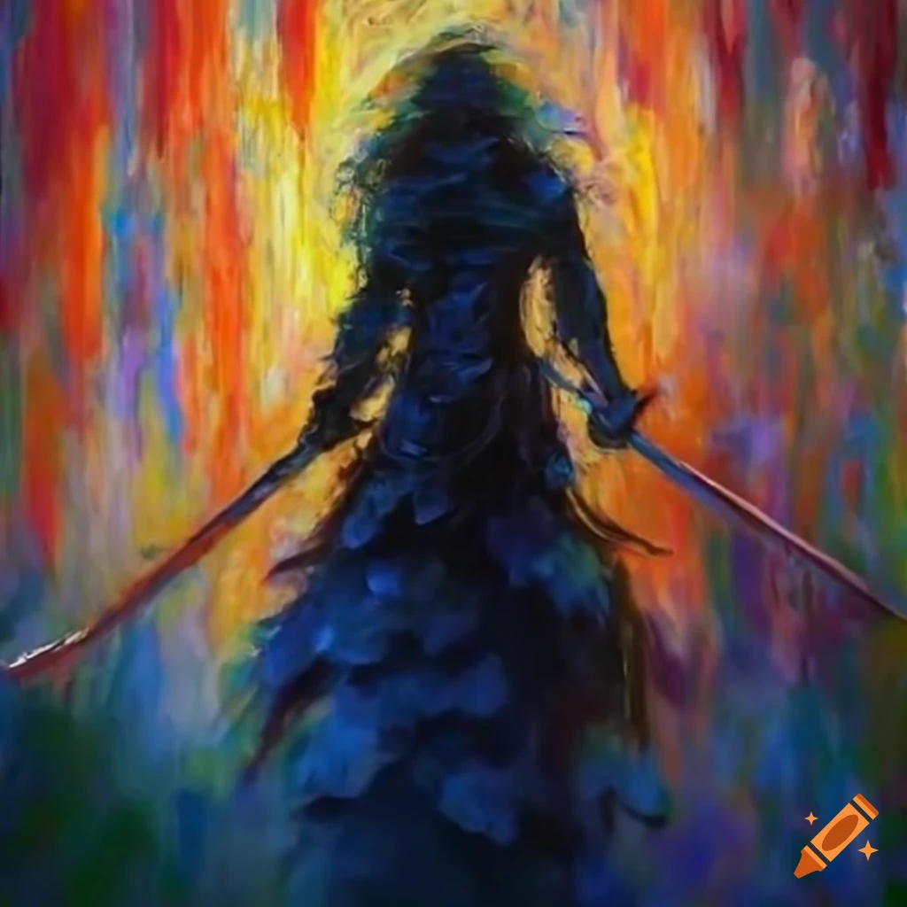 Monet painting with a fierce warrior surrounded by shadows