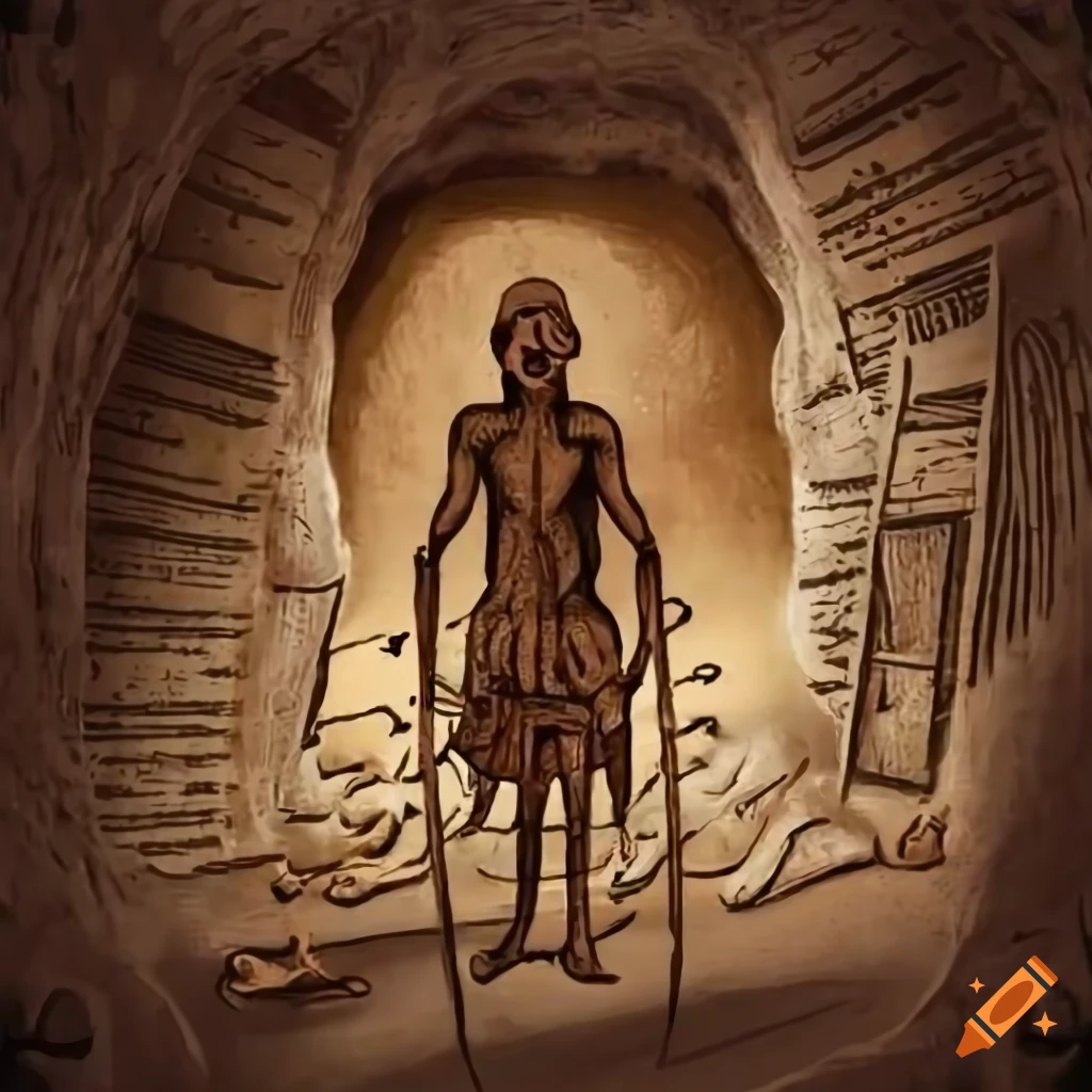 Illustration of an underground pale humanoid fishing village on Craiyon