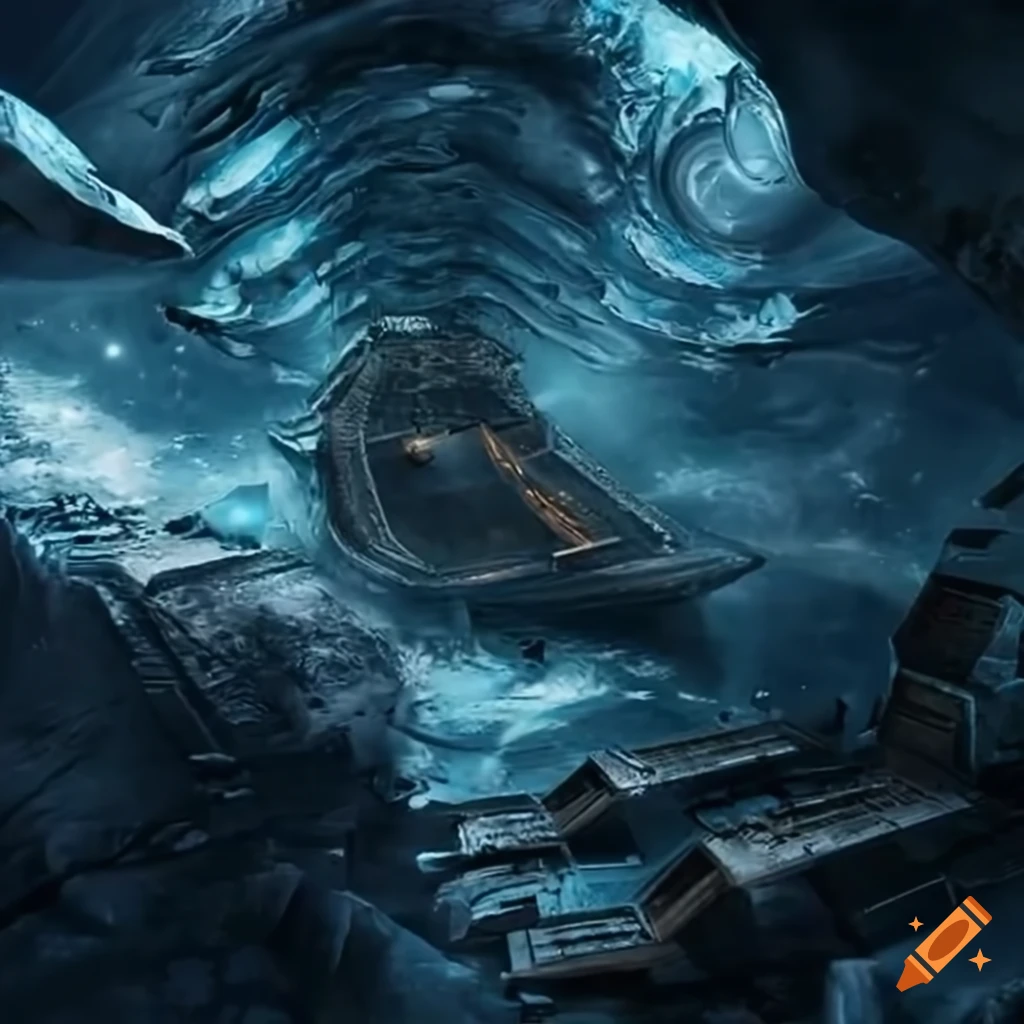 Frozen space carrier ship in an ice cave on Craiyon