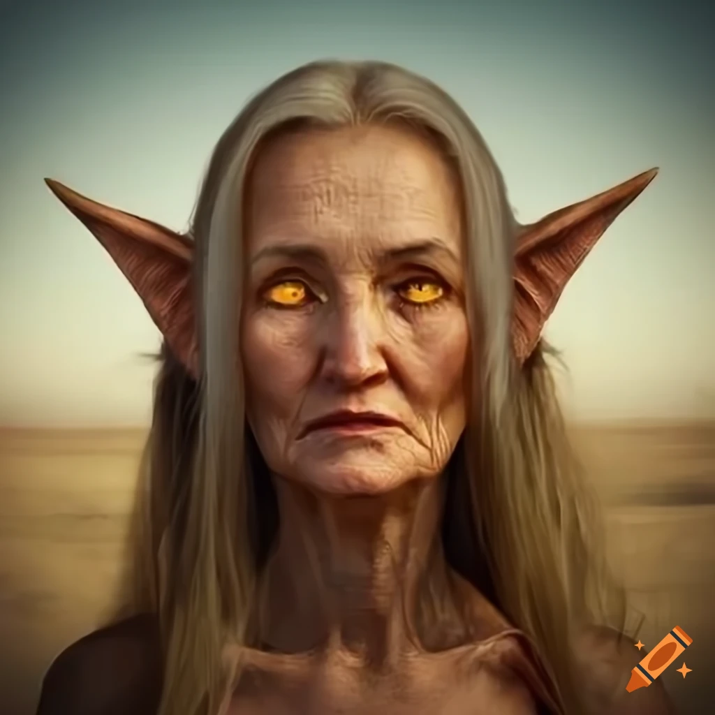 Portrait of an old woman with golden skin and elf ears