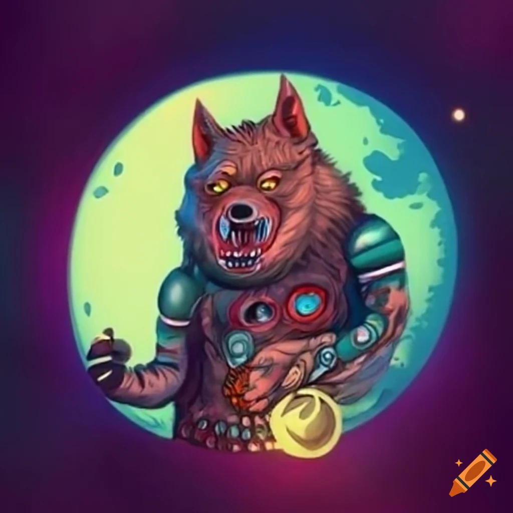 Illustration of a space werewolf on the moon playing a card game on Craiyon