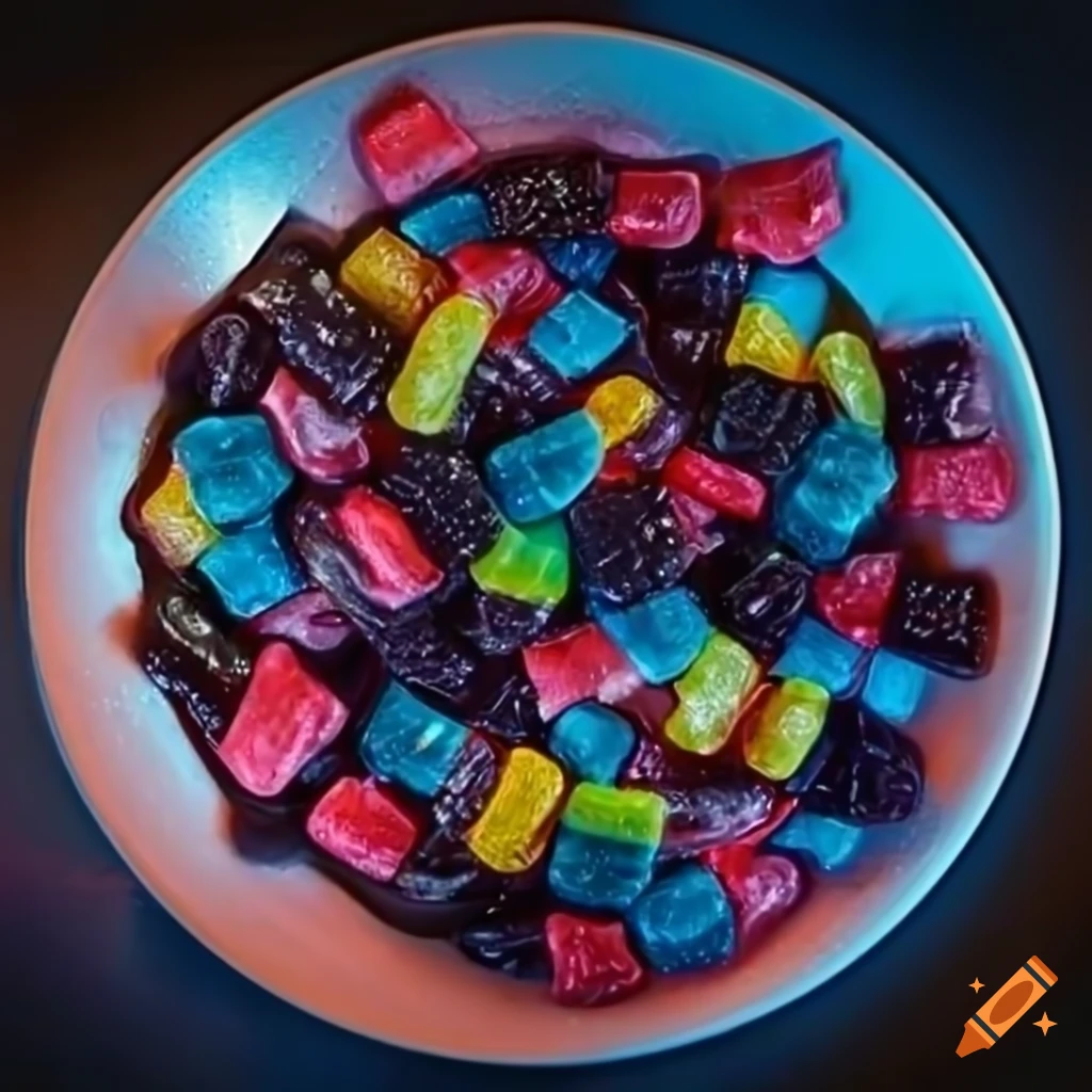 Advanced future gummy candy on a futuristic dessert plate