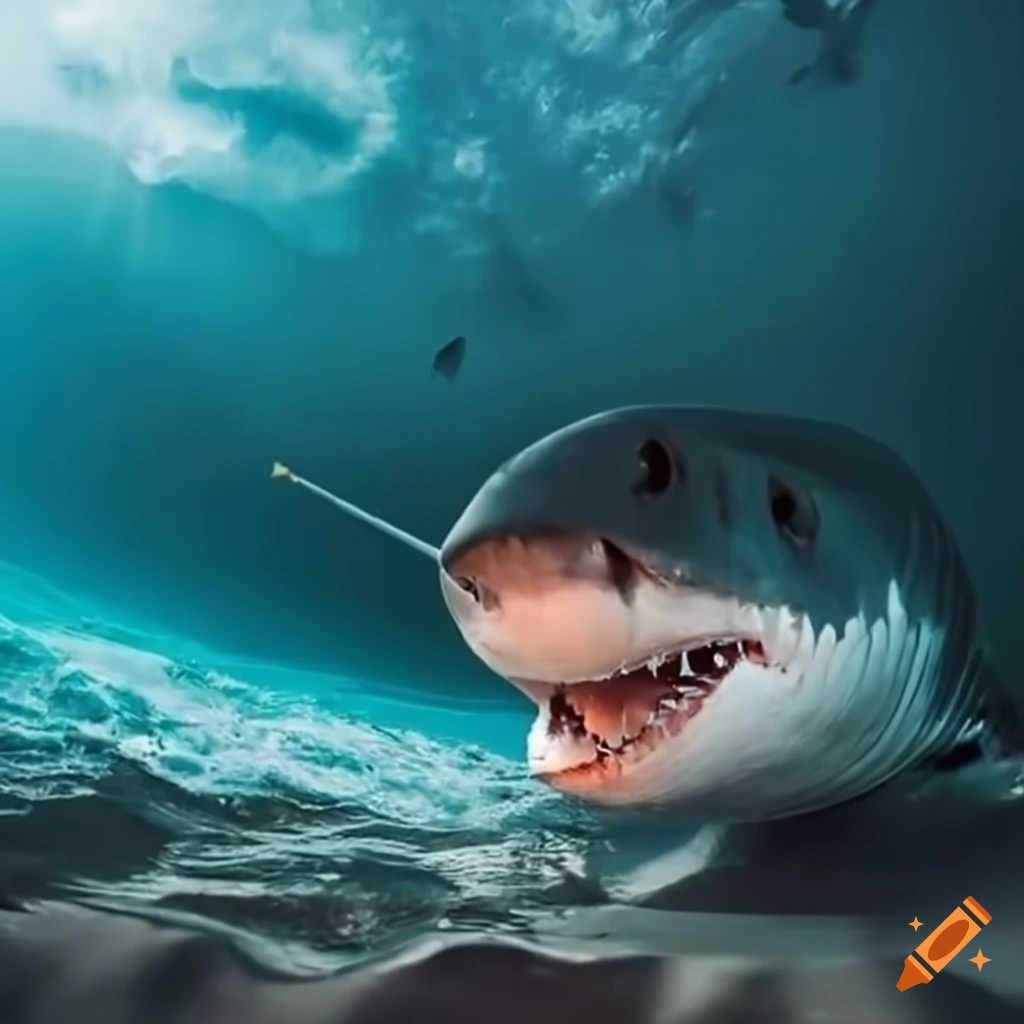 Shark riding a giant wave on the beach on Craiyon