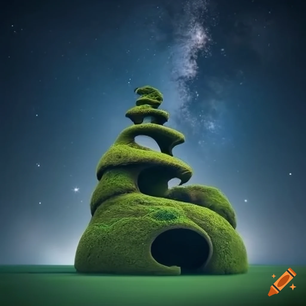 Moss-covered biomorphic stone buildings on a space island with northern ...