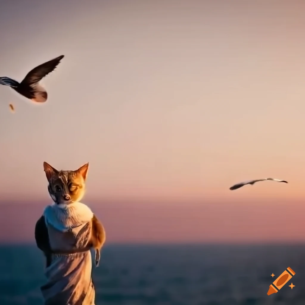 Cat observing seagull in the sky