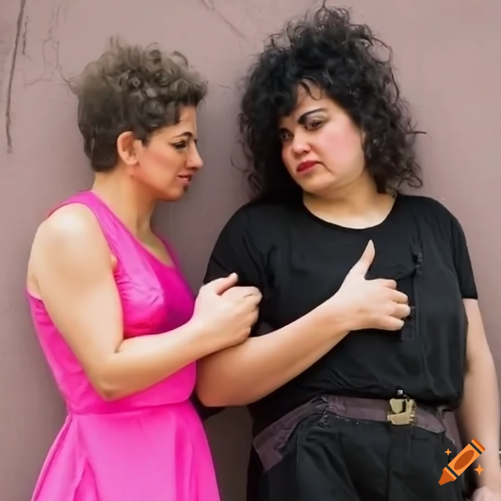 Two women having a conversation in fashionable outfits