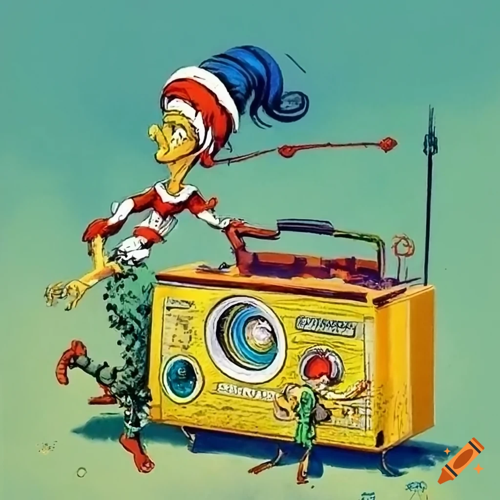 Colorful and humorous book illustration of someone listening to a radio ...