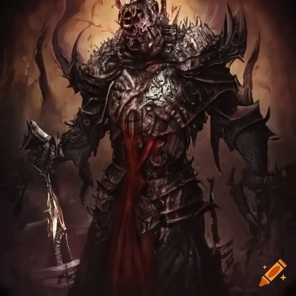 Demonic undead soldier in heavy armor with mystical sword