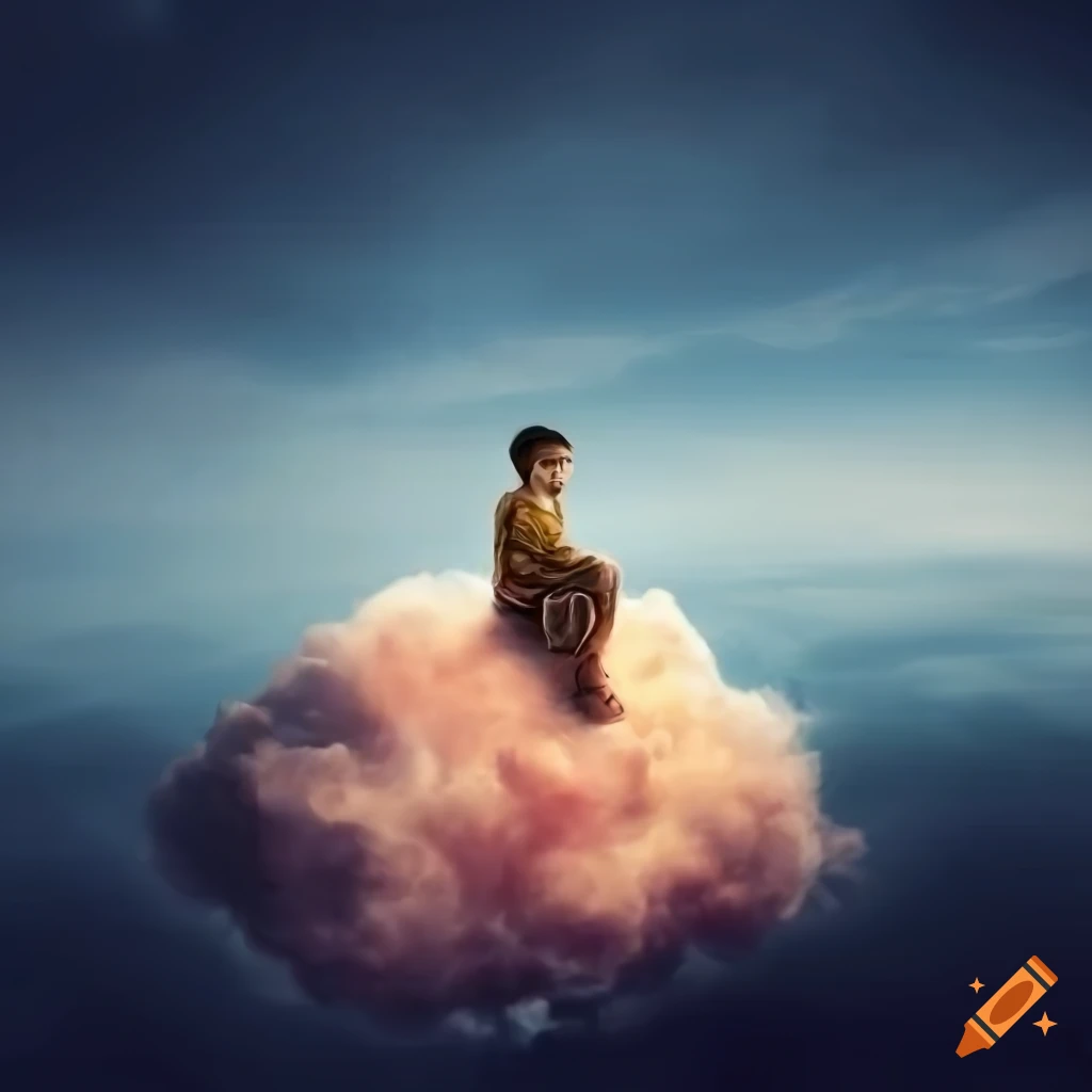 Young man sitting on a cloud with a happy expression on Craiyon