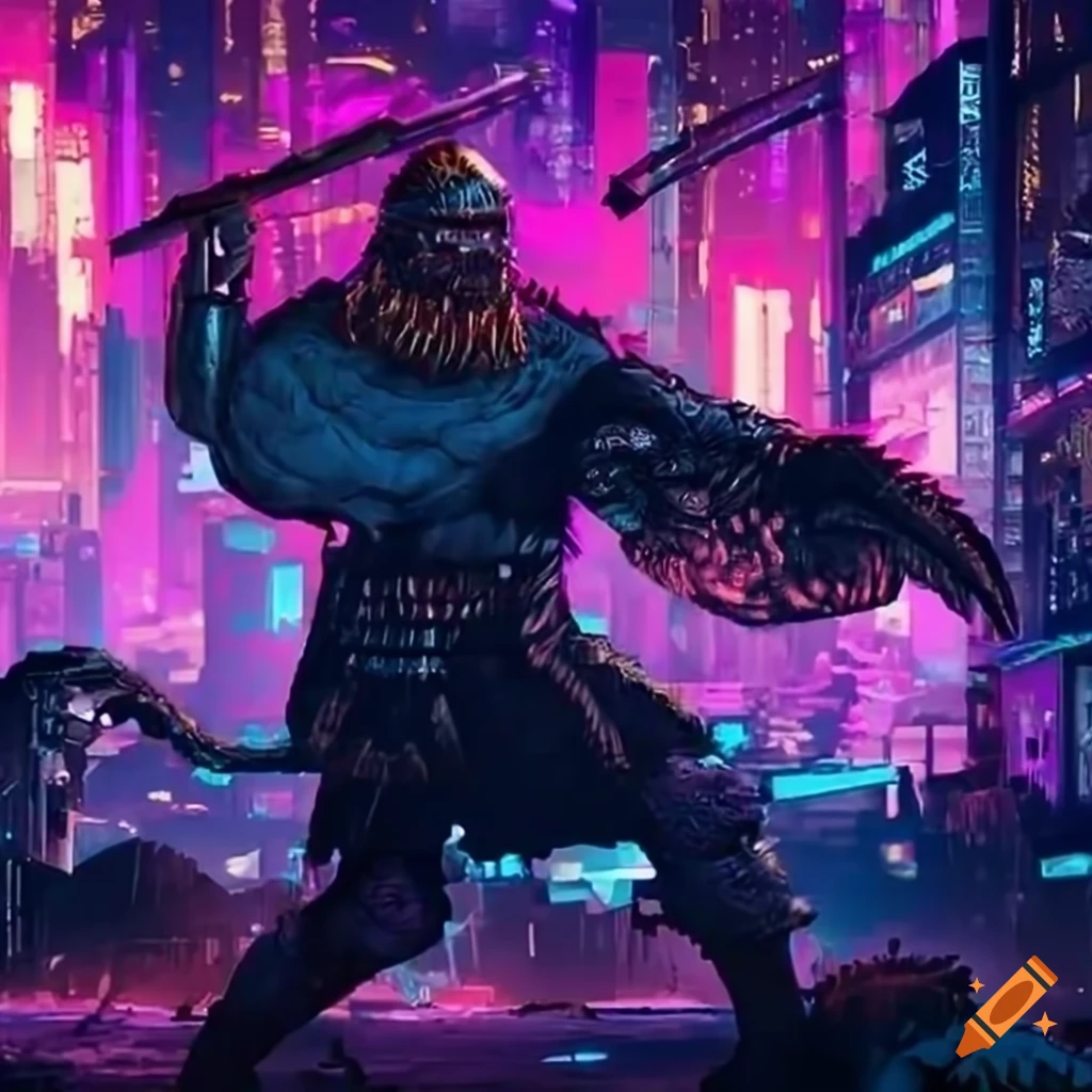 Image of viking warrior fighting a velociraptor in a neon cyberpunk city