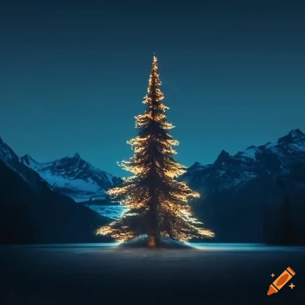 Mountain landscape with a lone fir tree in a square