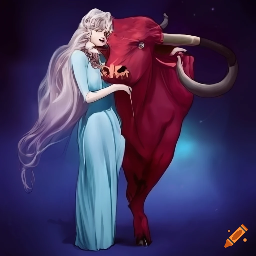 Artwork of Lady Amalthea holding the head of a giant red bull on Craiyon