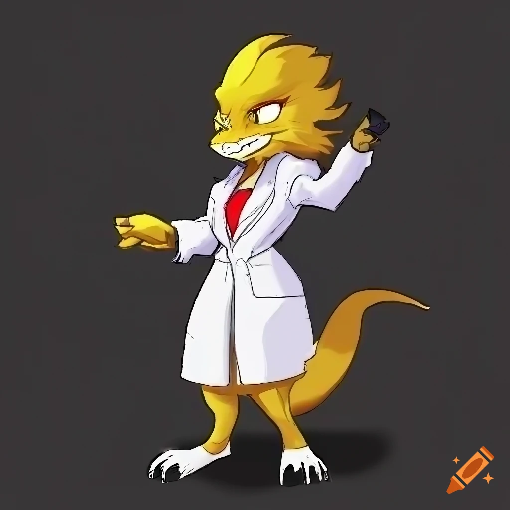 Yellow anthro lizard woman in white lab coat on Craiyon