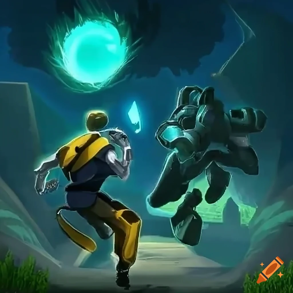 Action scene with two teens escaping from a portal