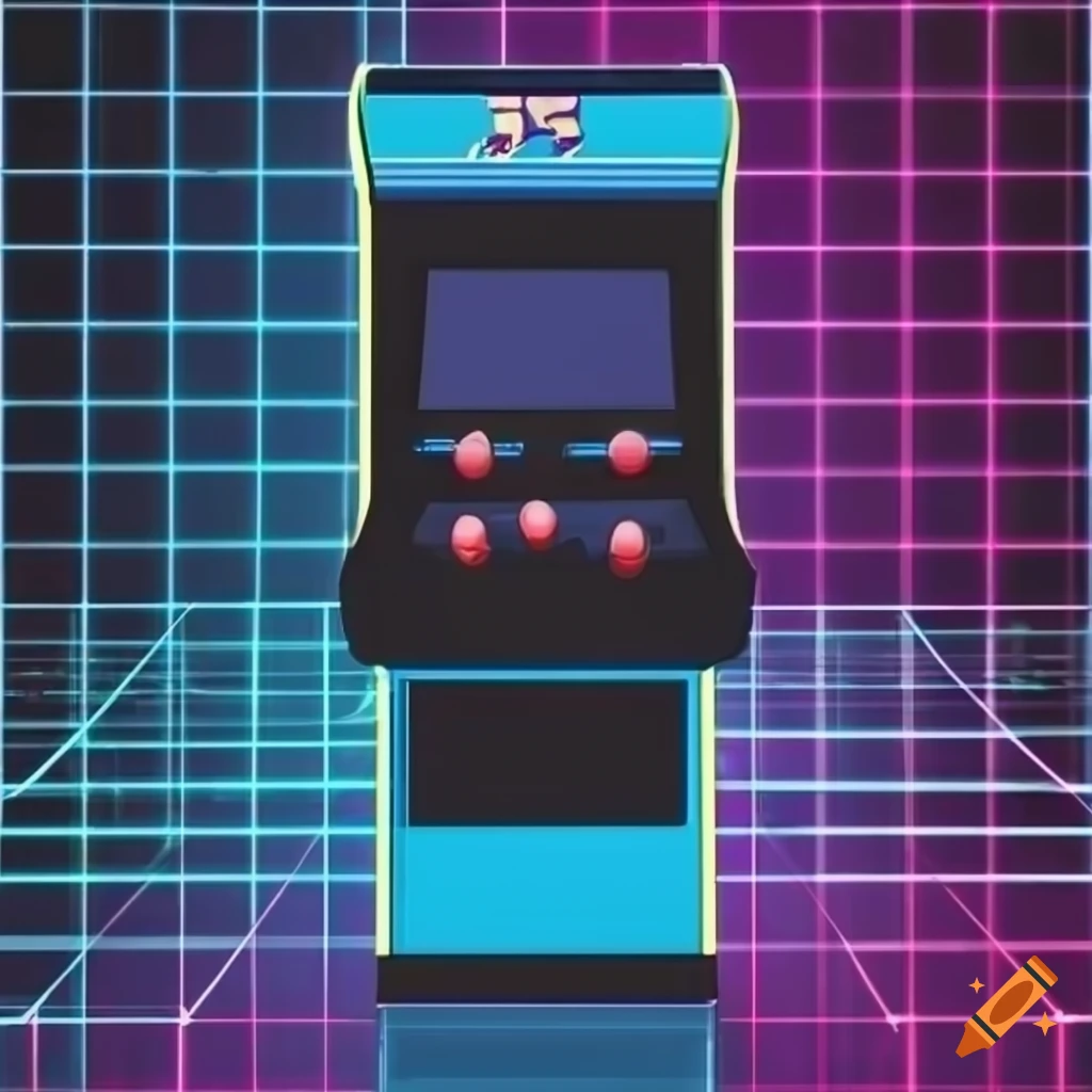 Synthwave-style arcade machine on neon grid background on Craiyon