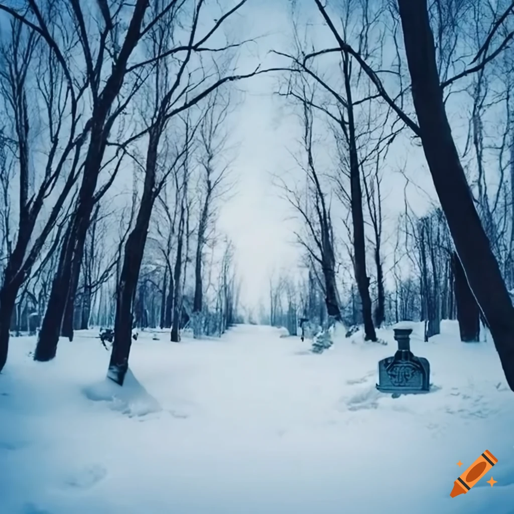 Fisheye view of a snowy cemetery path on Craiyon