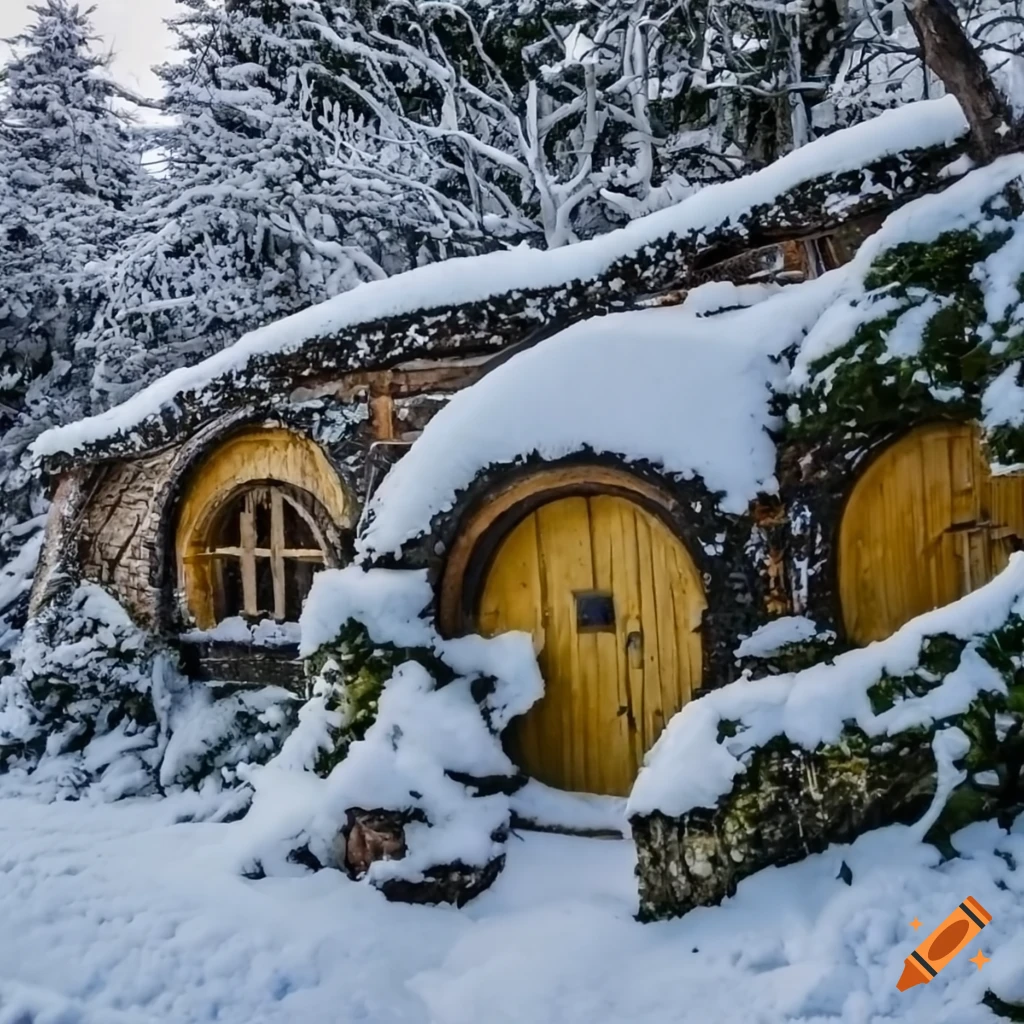Close up of a snowy mushroom fairy hobbit house on Craiyon